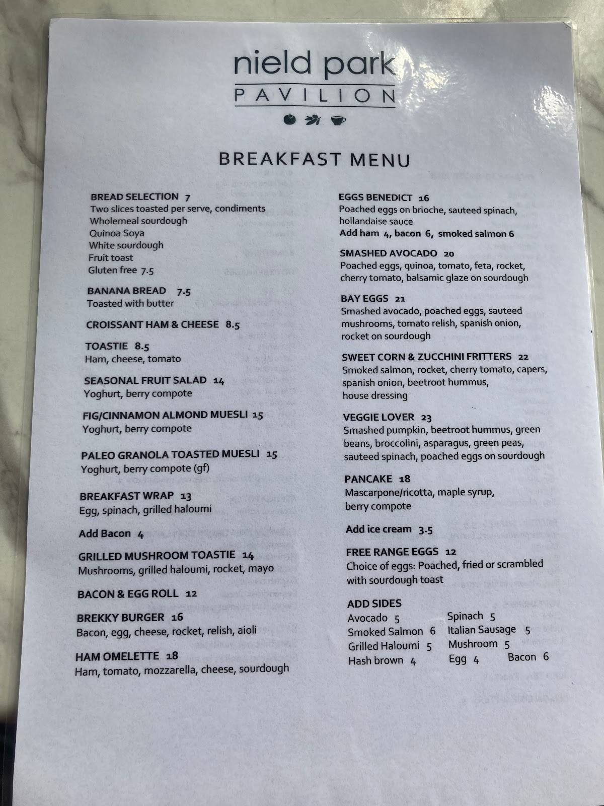 Menu at Nield Park Pavilion cafe, Rodd Point