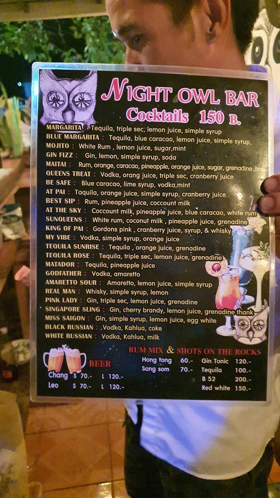 Menu at Night Owl Bar, Pai