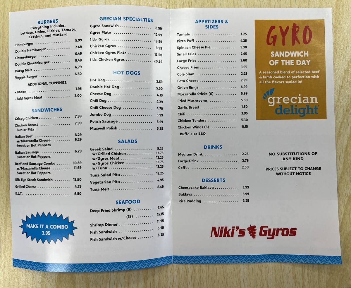 Menu at Niki's Gyros fast food, Buffalo Grove