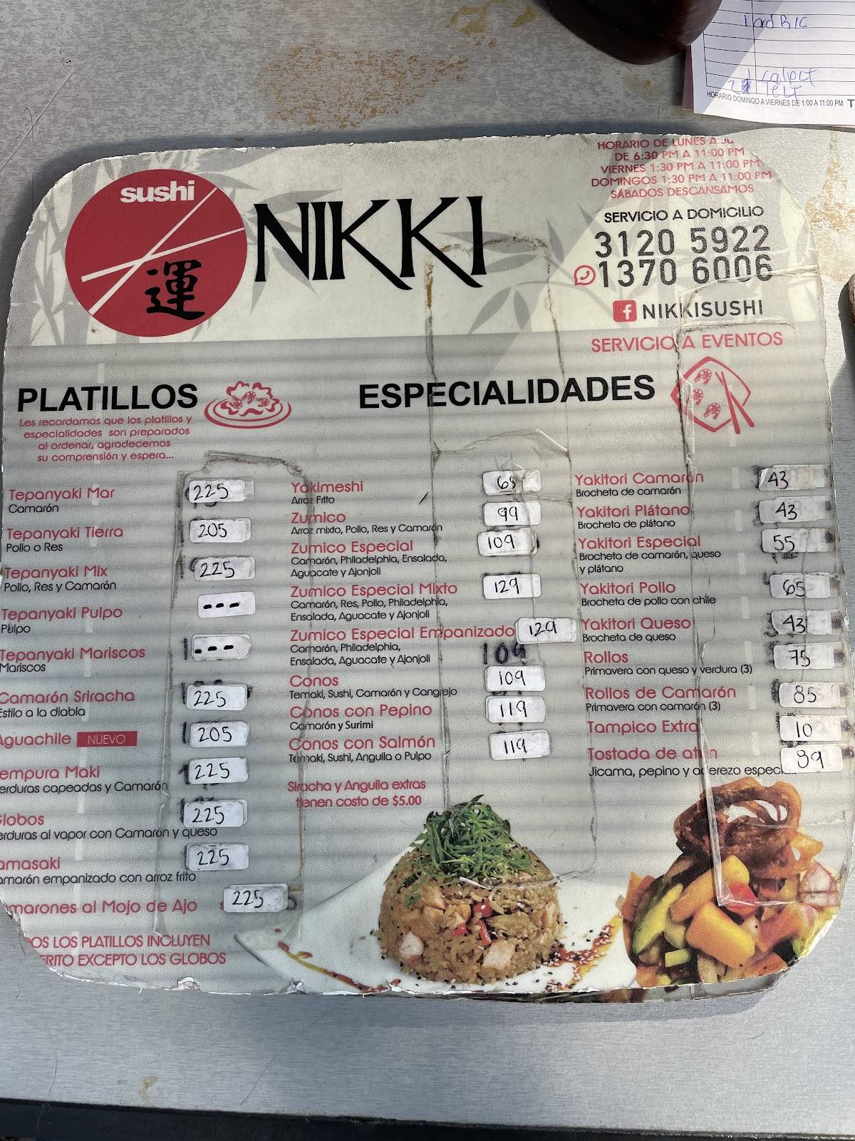 Carta del restaurante Nikki Sushi, Guadalajara