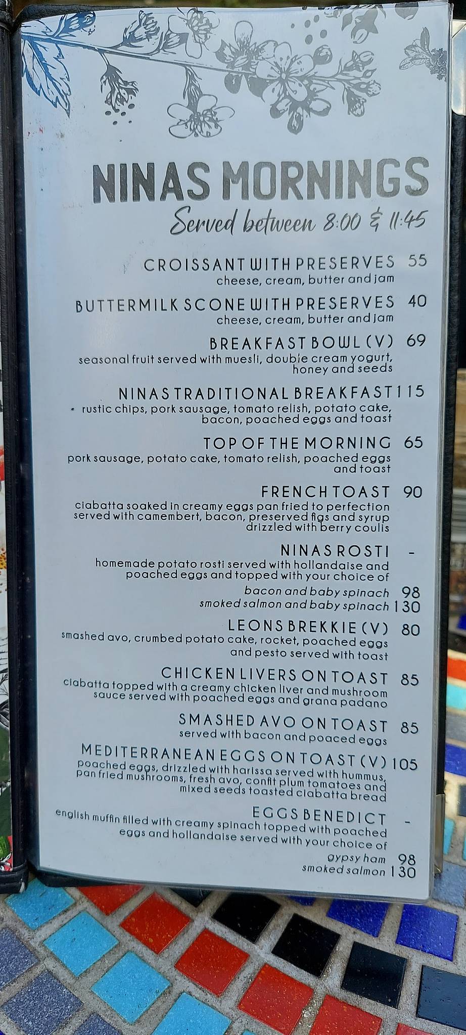 Menu at Nina's Cafe., George