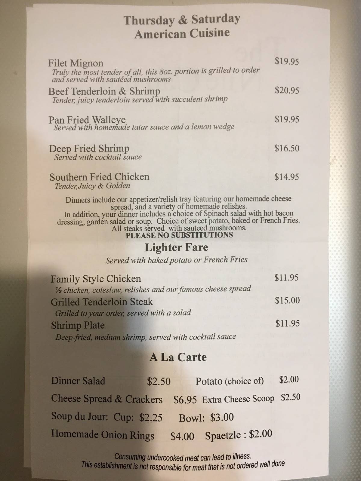 Menu at Nite Cap Inn restaurant, Palmyra