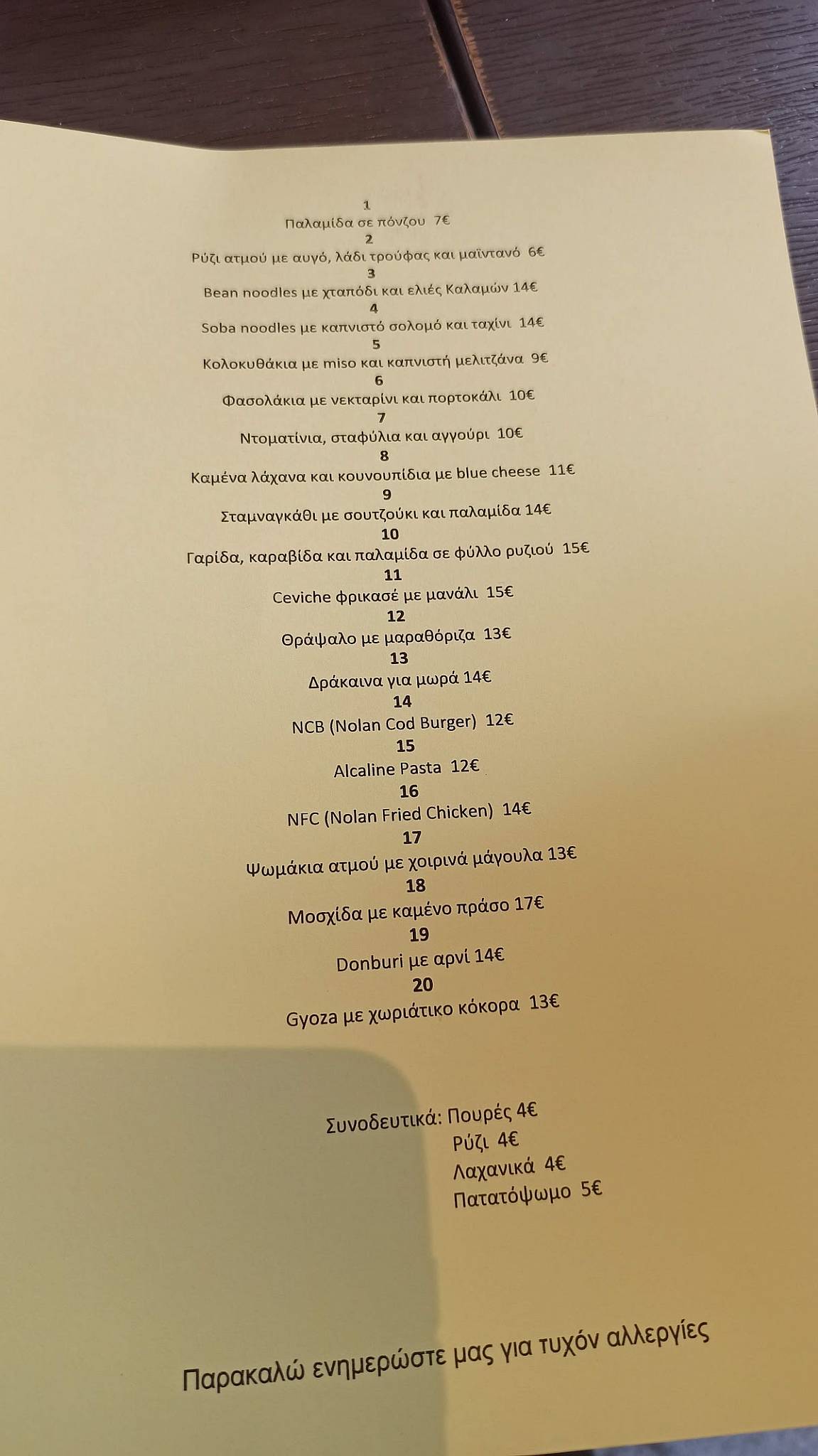 Menu at Nolan, Athens