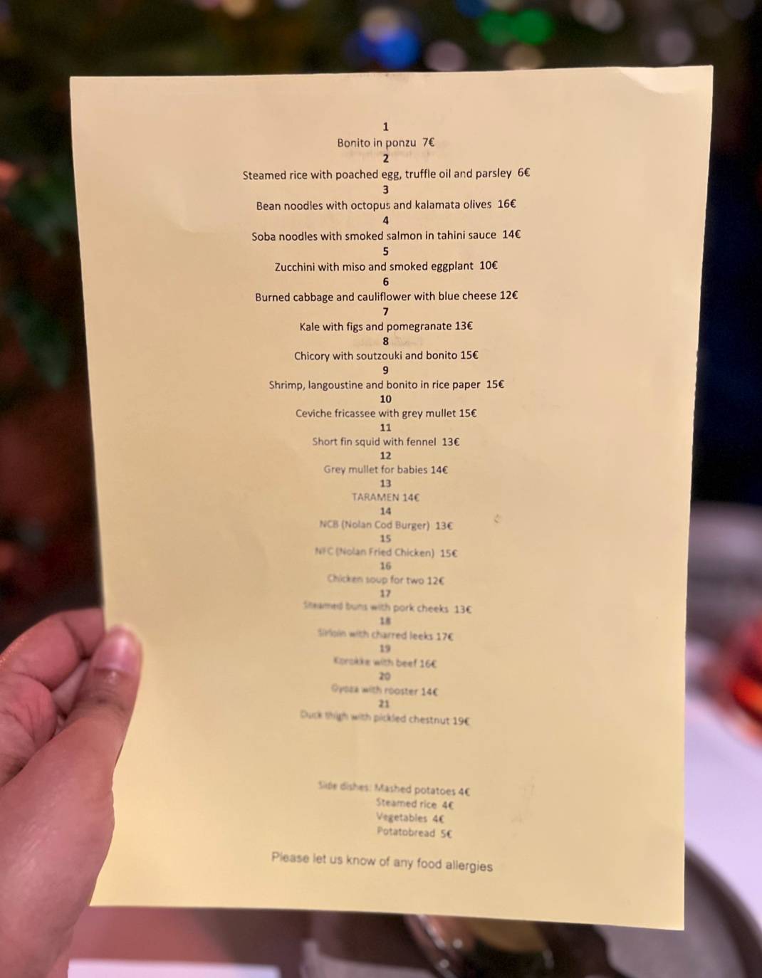 Menu at Nolan, Athens