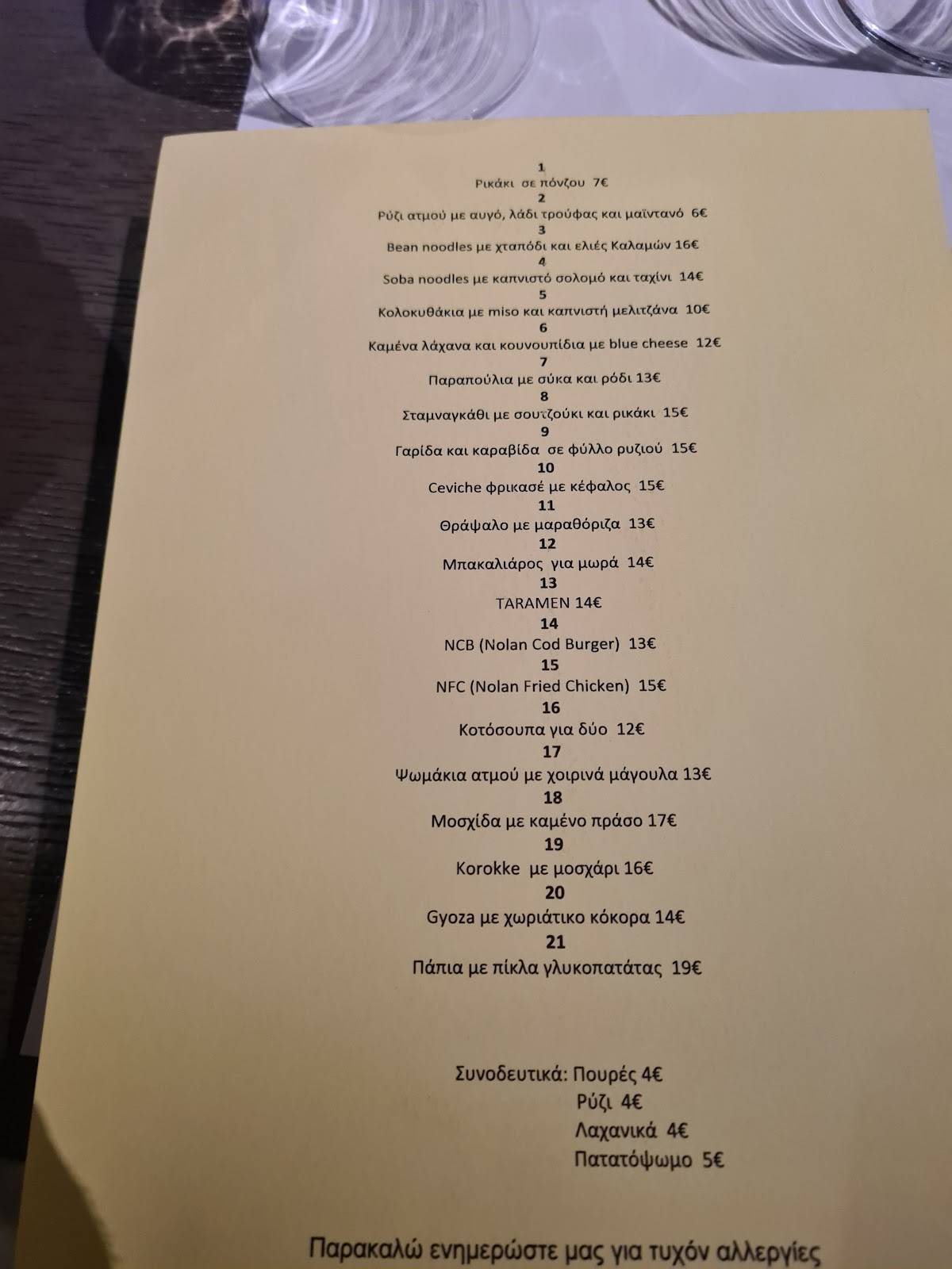 Menu at Nolan, Athens