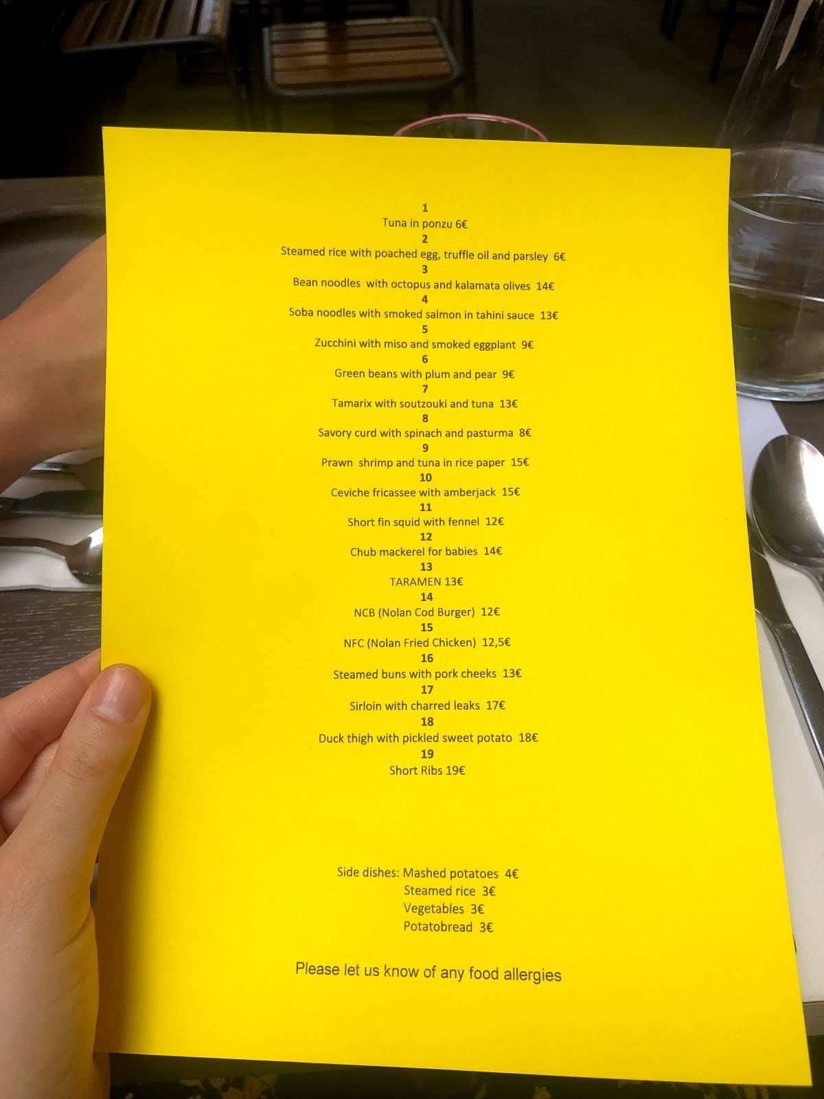 Menu at Nolan, Athens