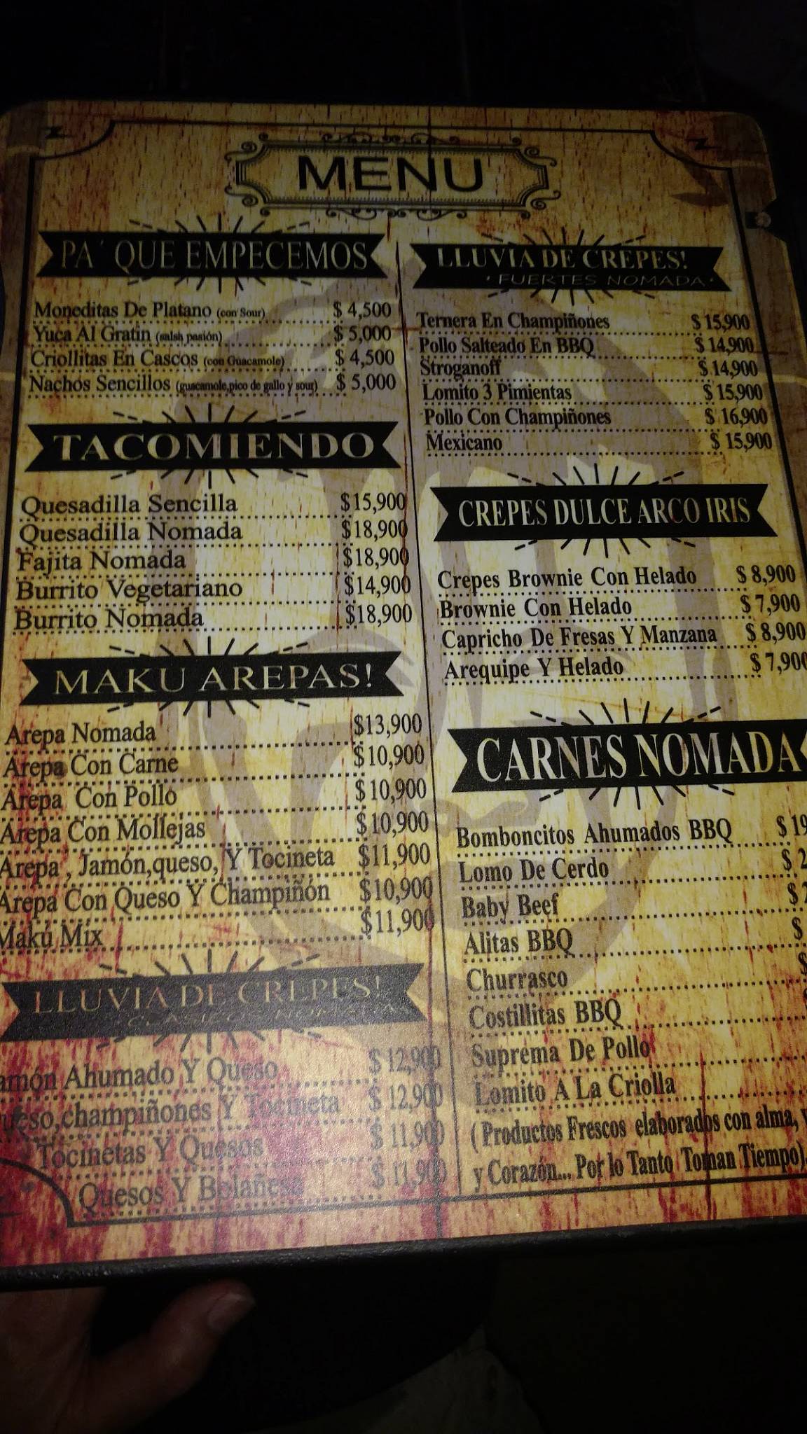Carta del restaurante Nomada, San José del Guaviare