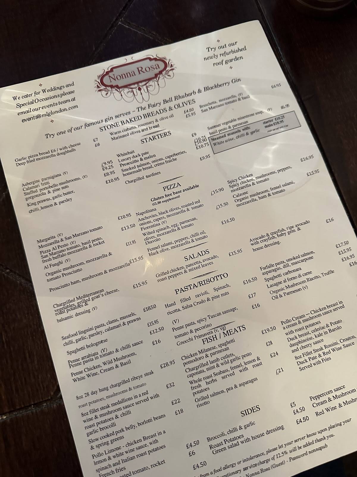 Menu at Nonna Rosa restaurant, Uxbridge