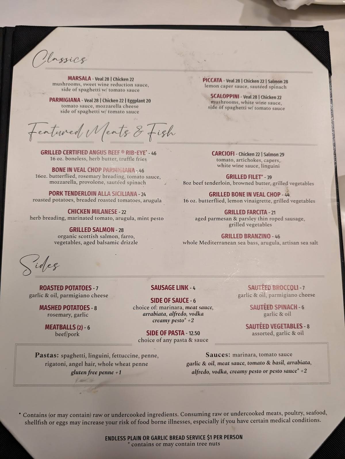 Menu at Nora's Italian Cuisine pub & bar, Las Vegas, 5780 W Flamingo Rd