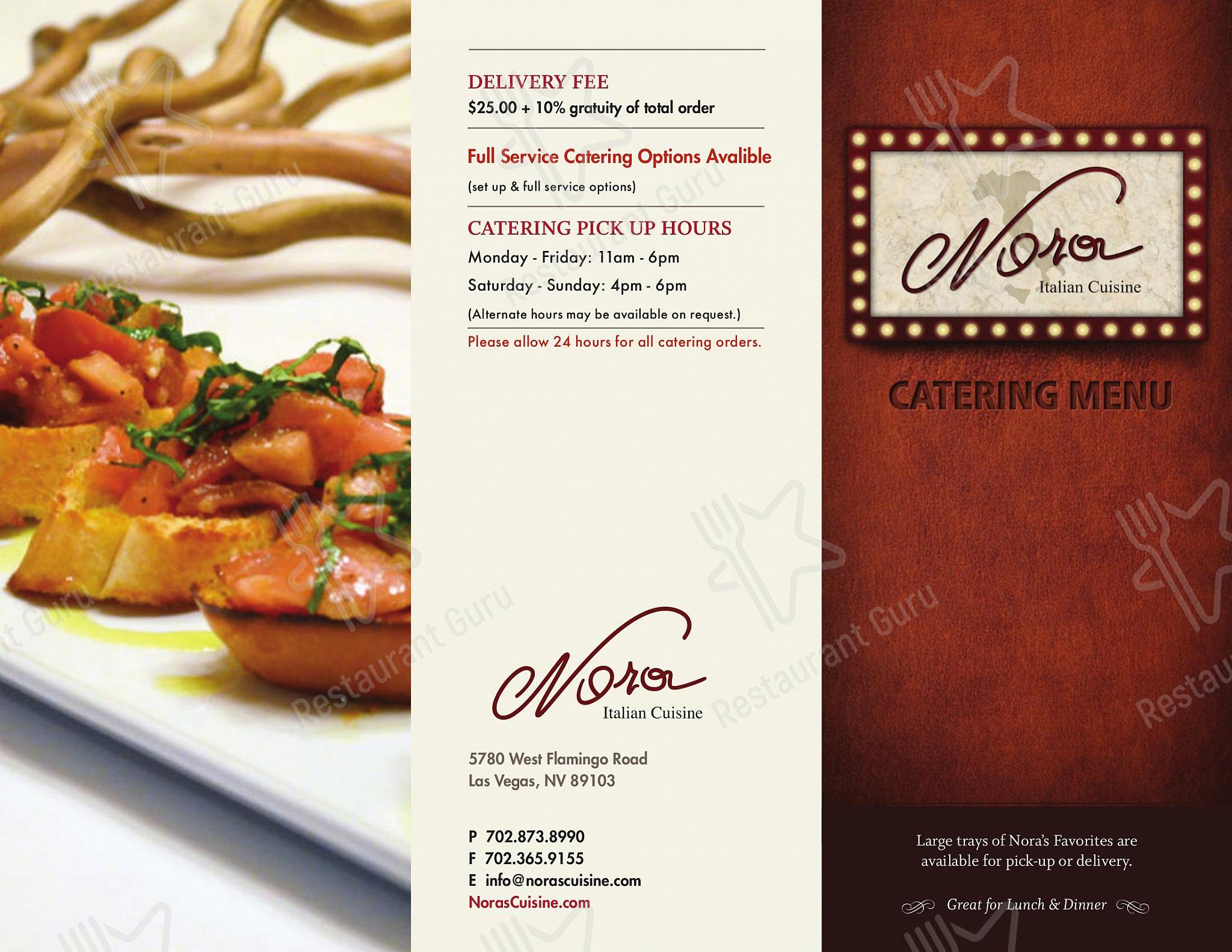 Menu at Nora's Italian Cuisine pub & bar, Las Vegas, 5780 W Flamingo Rd