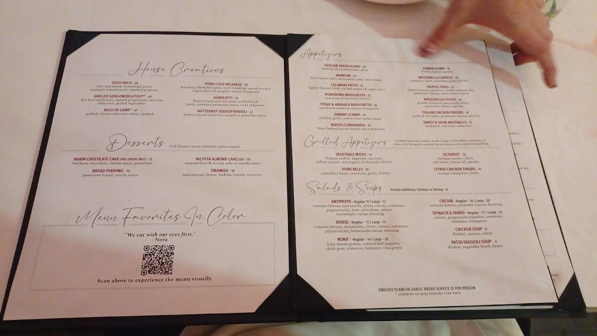 Menu at Nora's Italian Cuisine pub & bar, Las Vegas, 5780 W Flamingo Rd