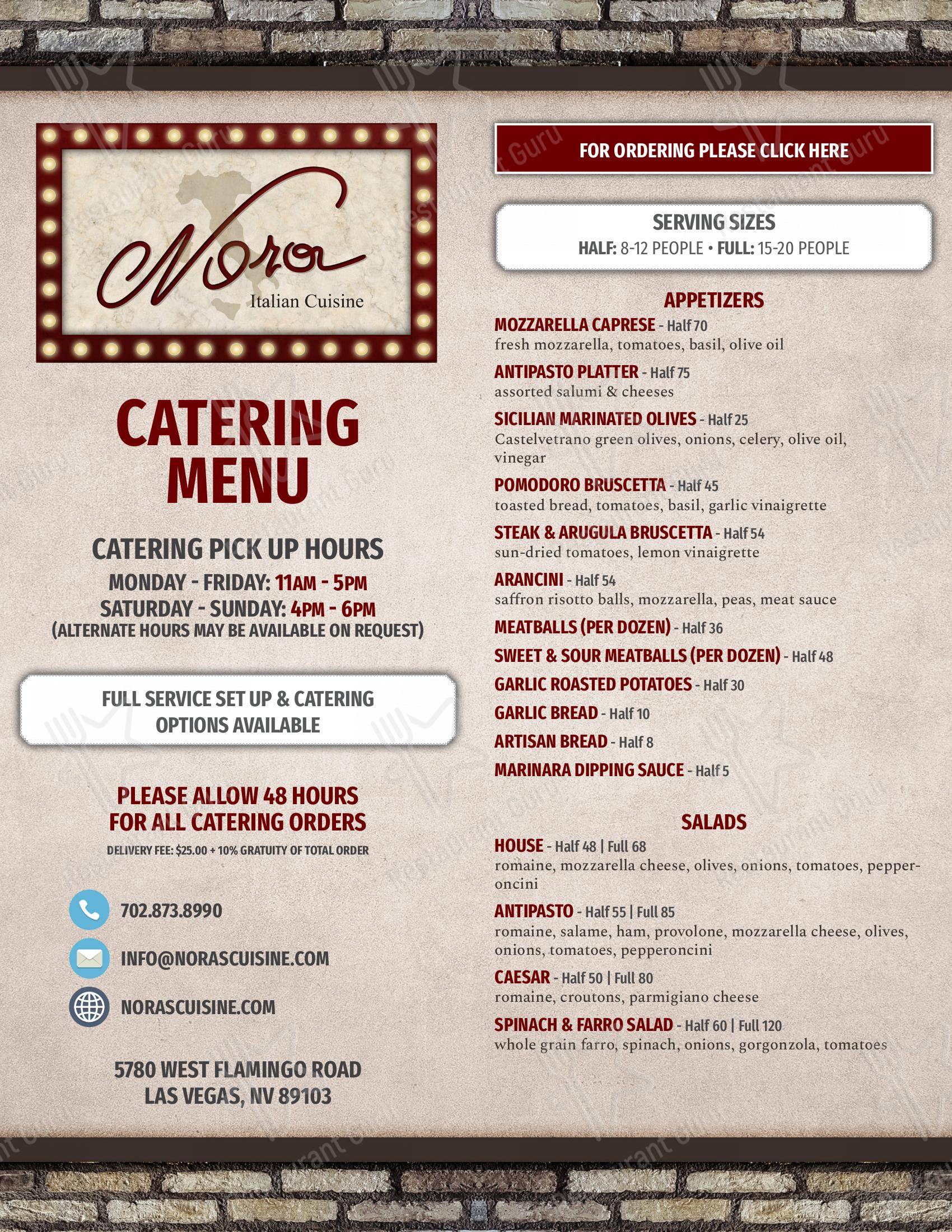 Menu at Nora's Italian Cuisine pub & bar, Las Vegas, W Flamingo Rd