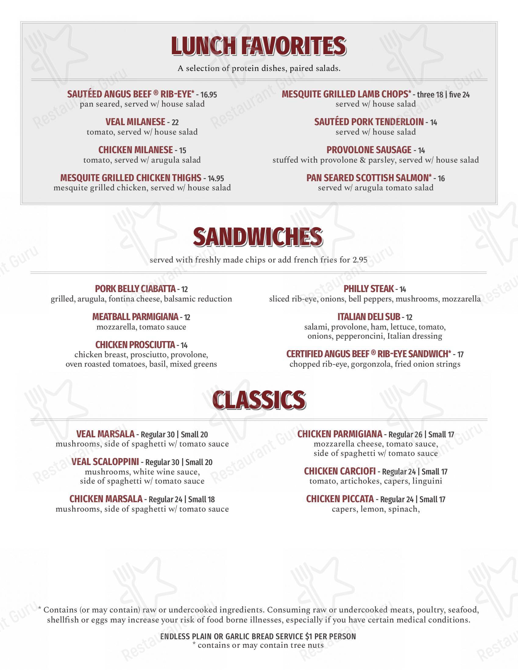 Menu at Nora's Italian Cuisine pub & bar, Las Vegas, W Flamingo Rd