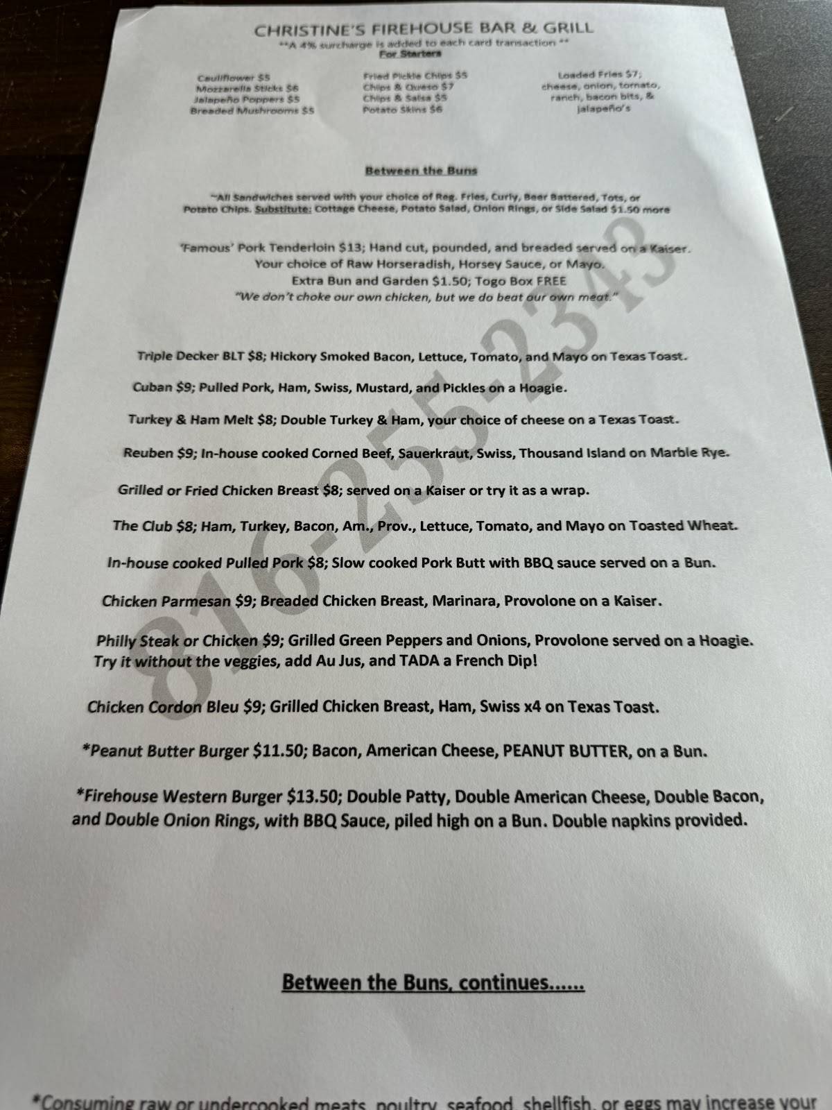 Menu at Christine's Firehouse pub & bar, North Kansas City