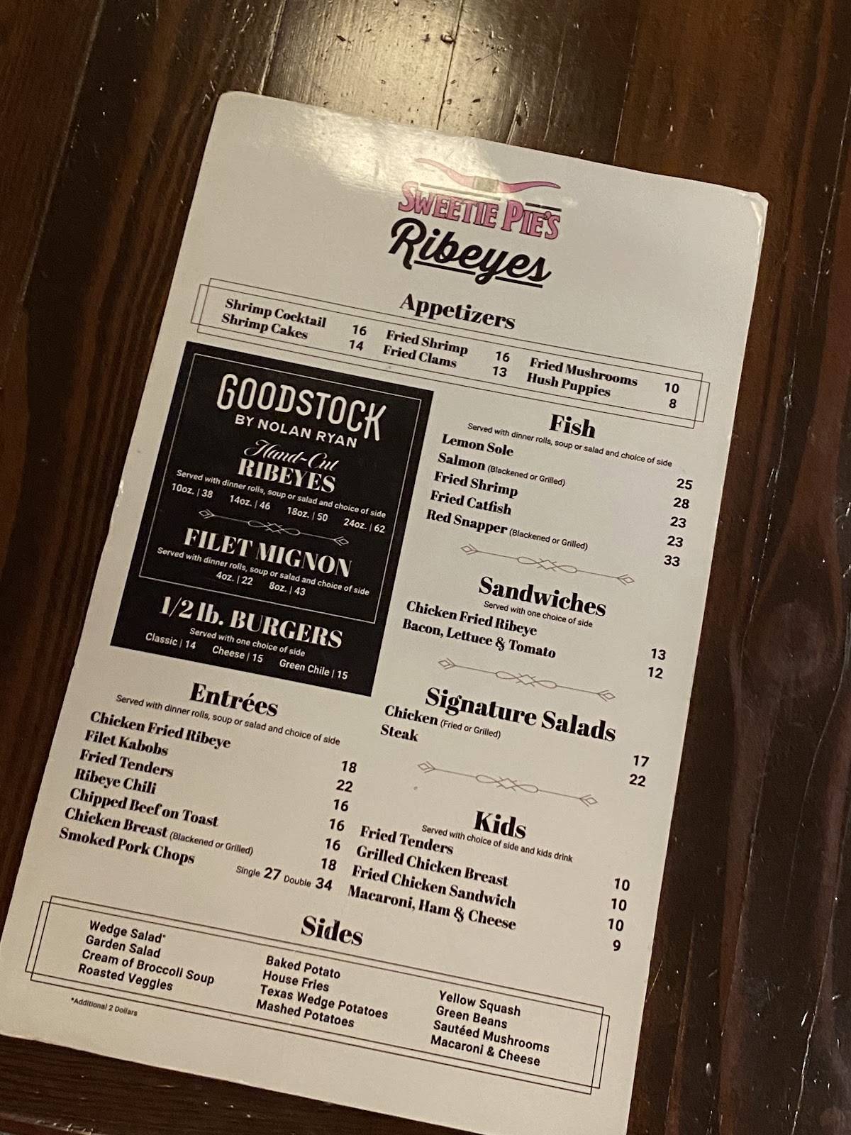 Menu at Sweetie Pie's Ribeyes steakhouse, North Richland Hills