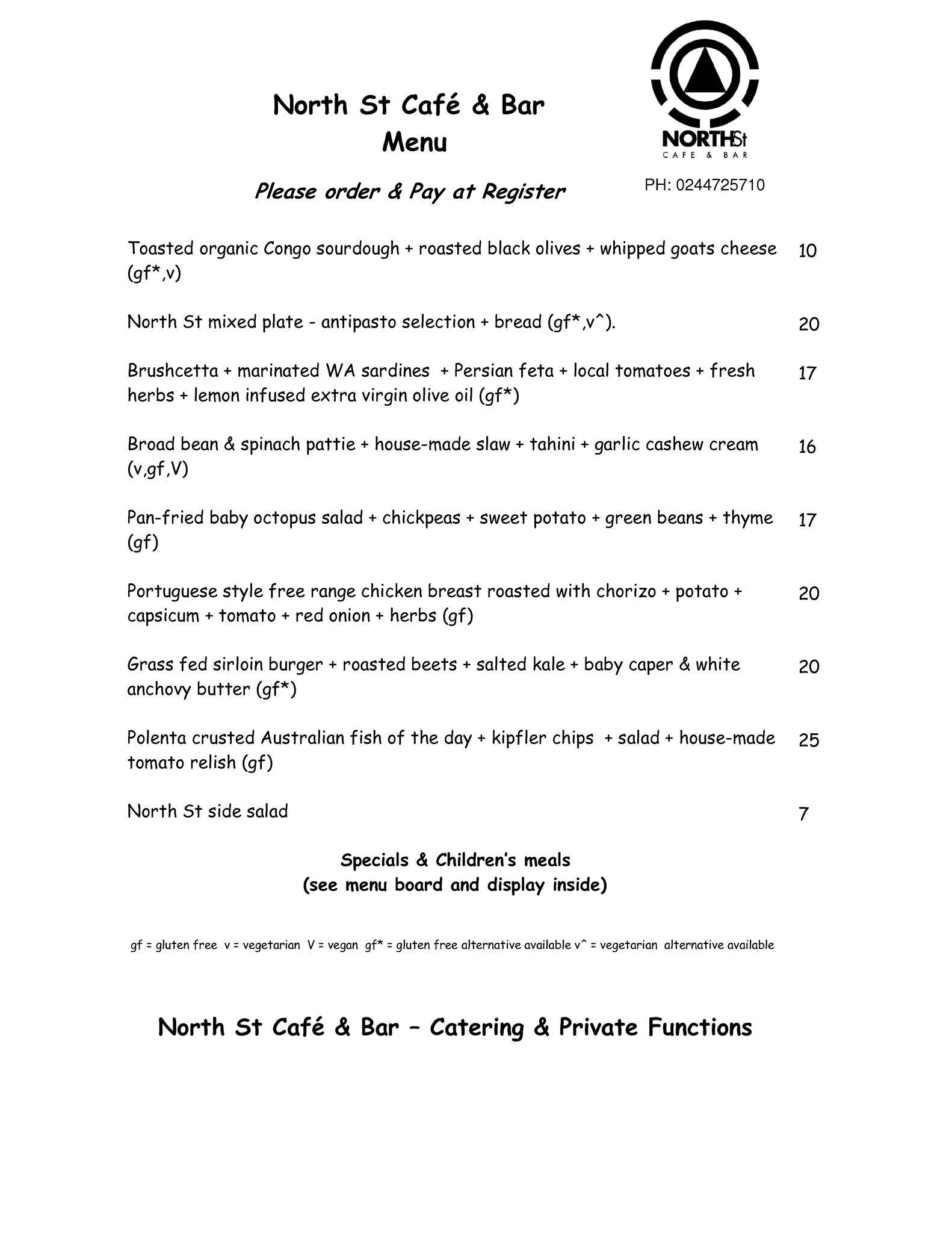 Carta de North Street Cafe & Bar, Batemans Bay