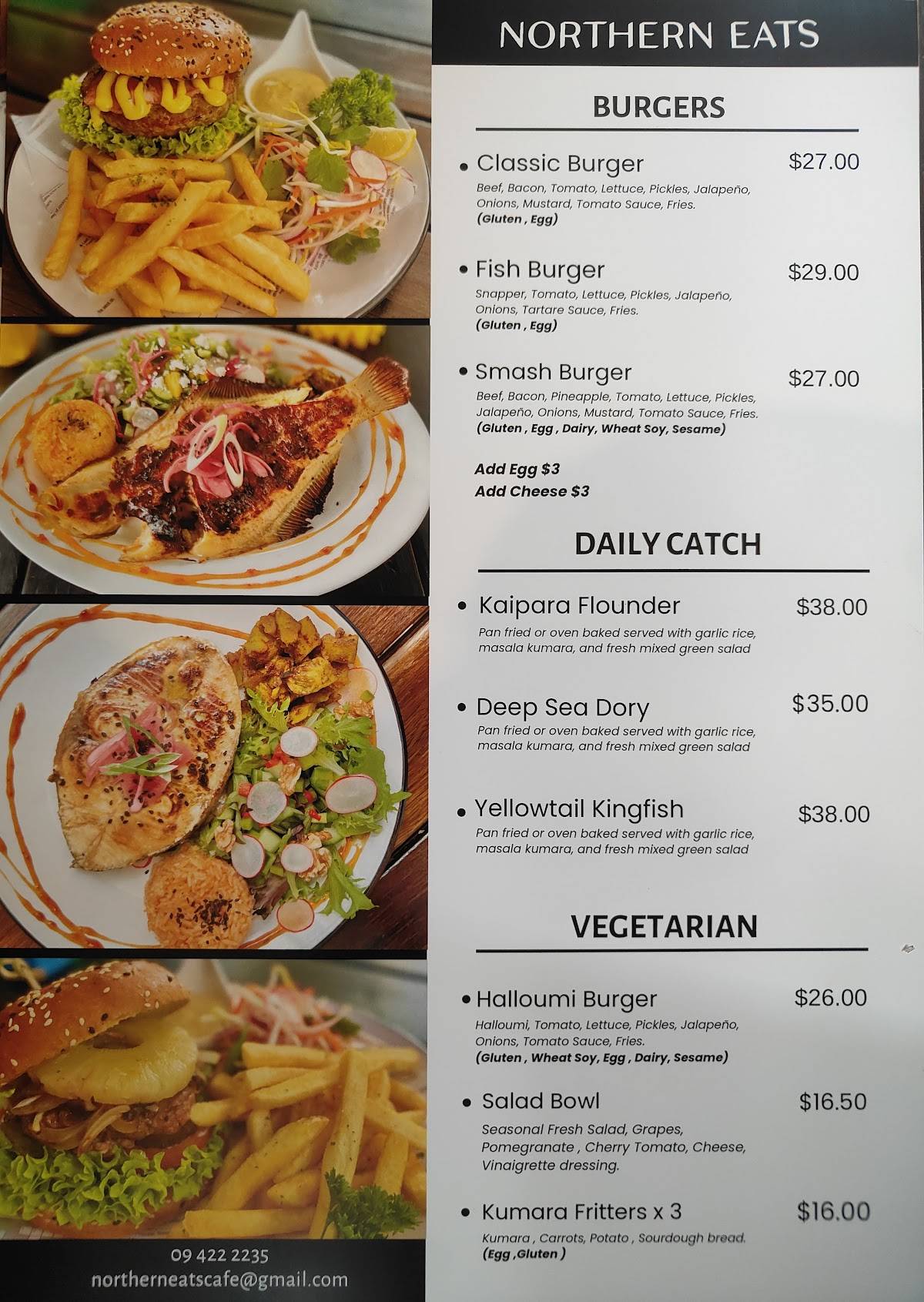 Menu at Northern Eats restaurant, Dome Valley
