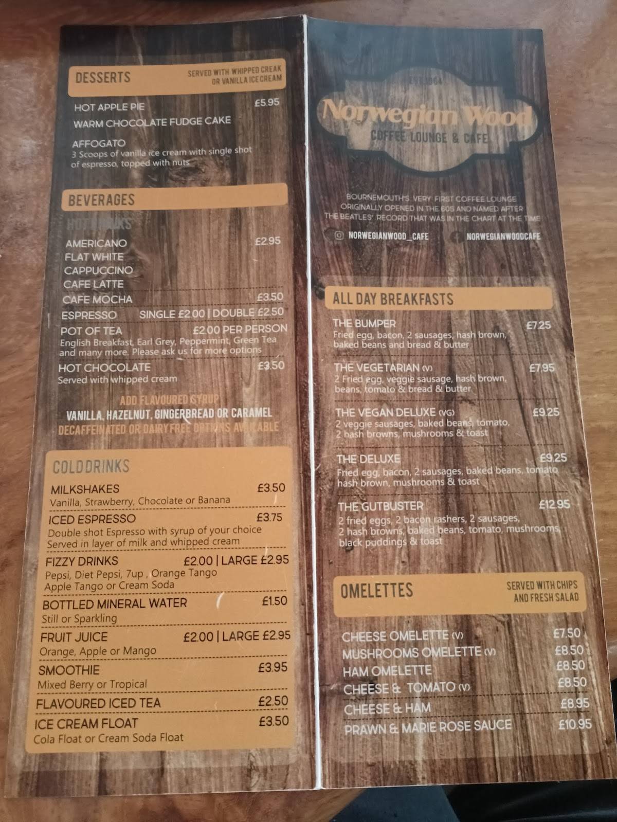 Menu at Norwegian Wood Cafe, Bournemouth