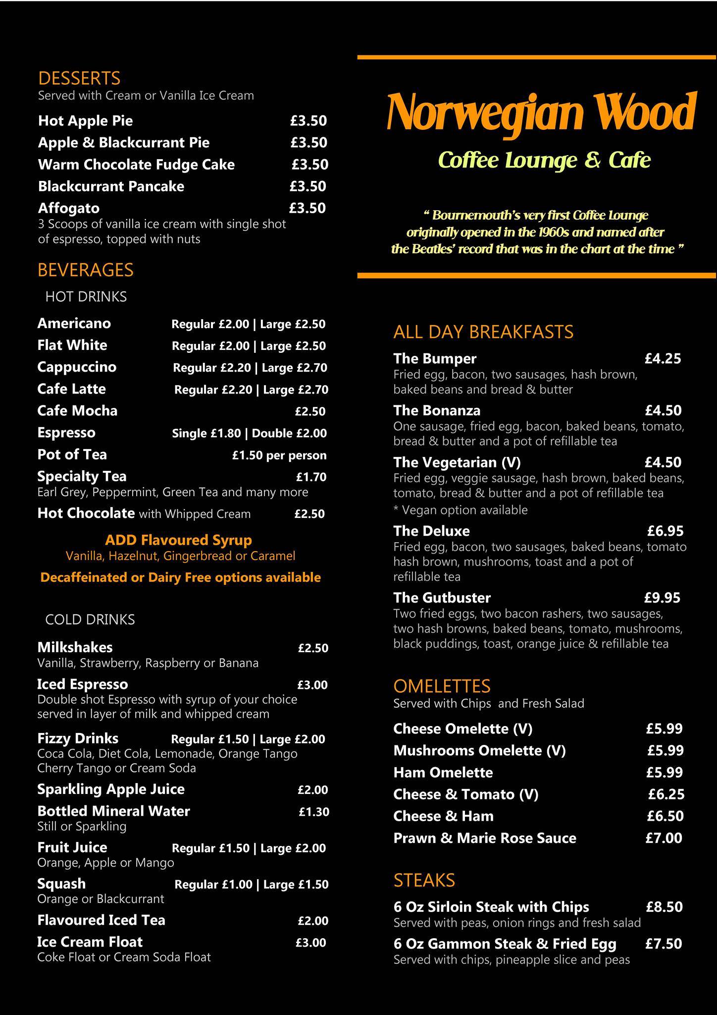 Menu at Norwegian Wood Cafe, Bournemouth