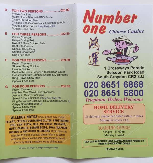 Menu at Number One Chinese Cuisine restaurant, Croydon, 1