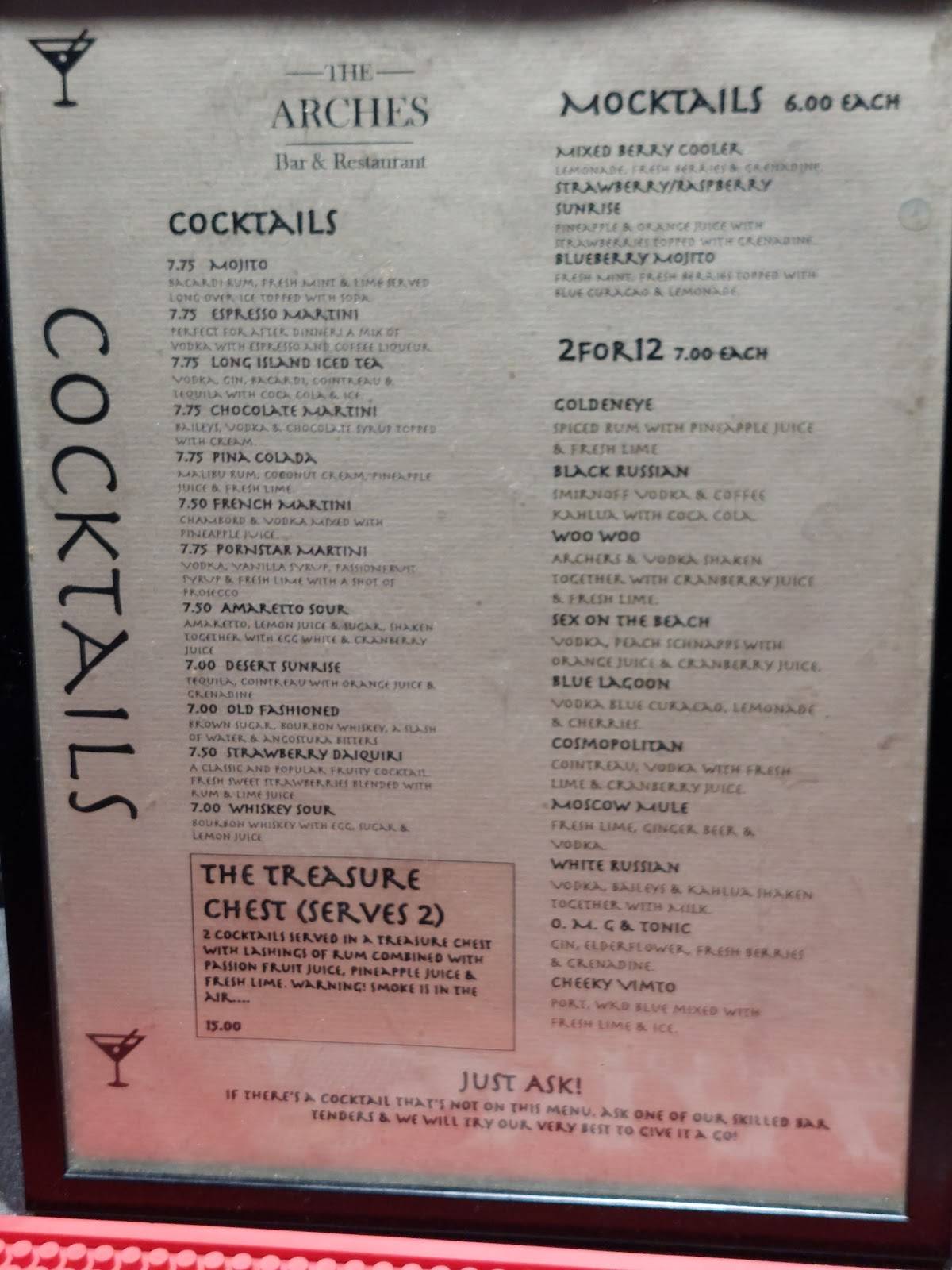 Menu at The Arches Bar & Restaurant, Nuneaton