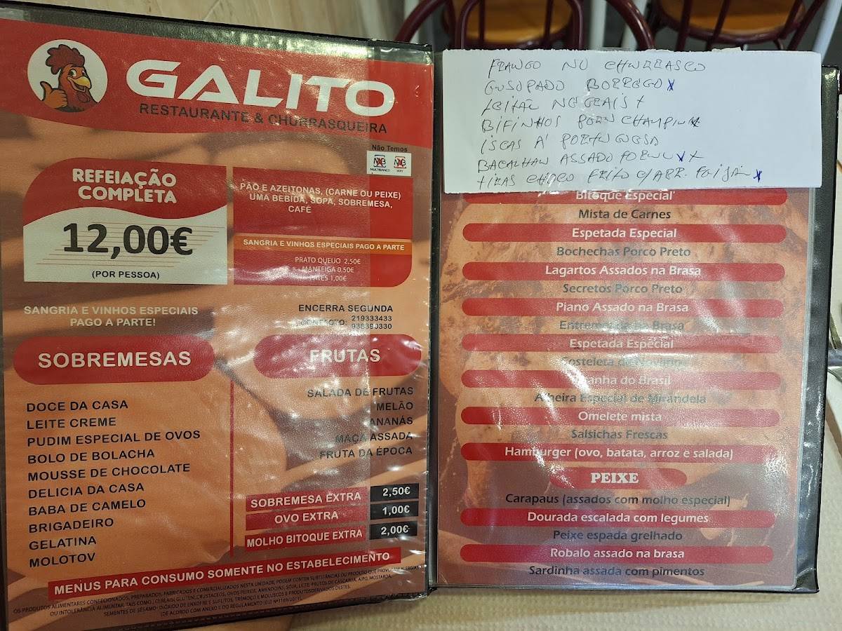 Menu em O Galito restaurante, Ramada