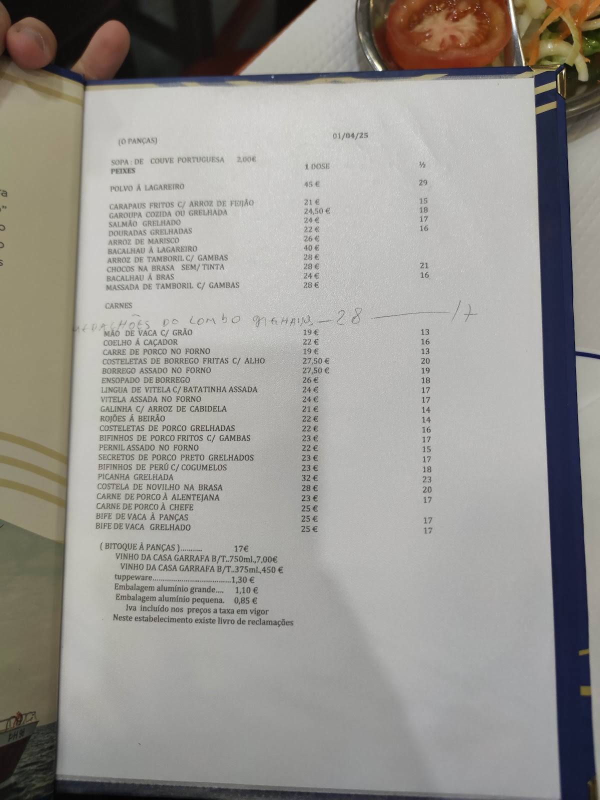 Menu at O Panças restaurant, Lisbon, Estr. Buraca 35