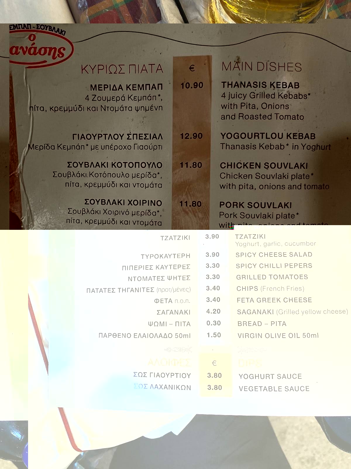 Menu at O Thanasis, Athens, Mitropoleos 69