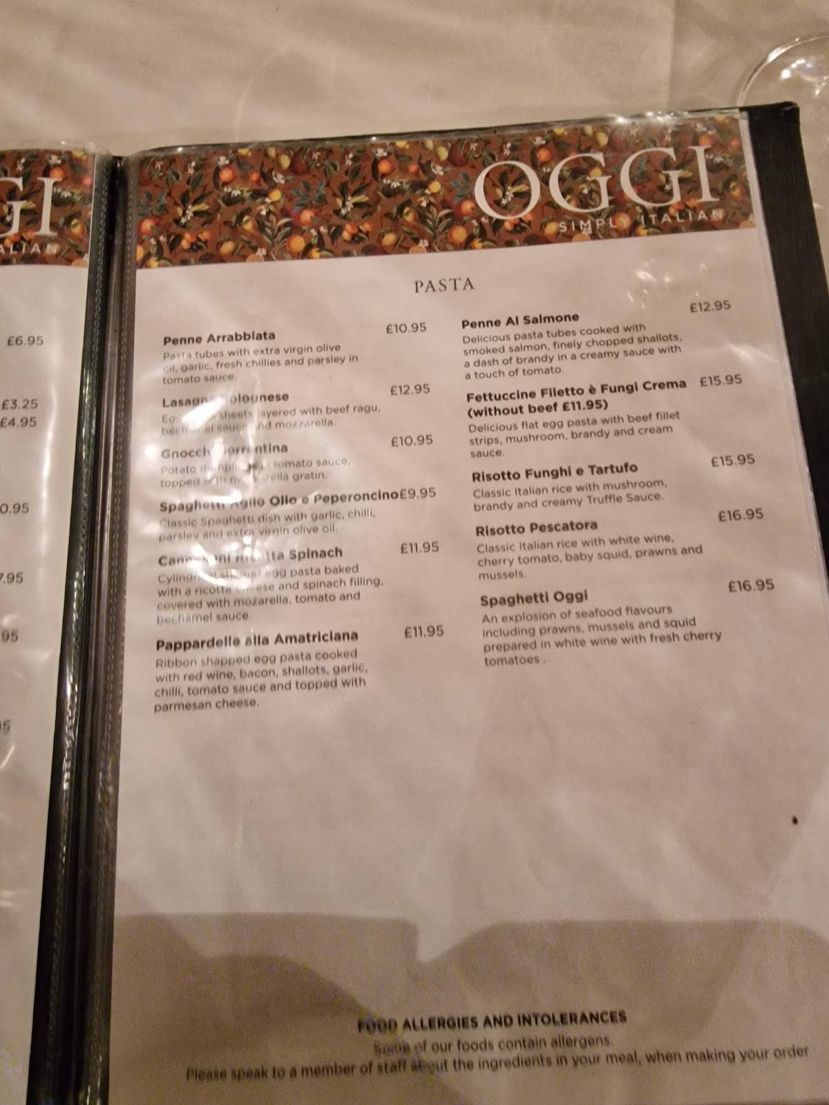 Menu at OGGI Italian Restaurant, Leicester