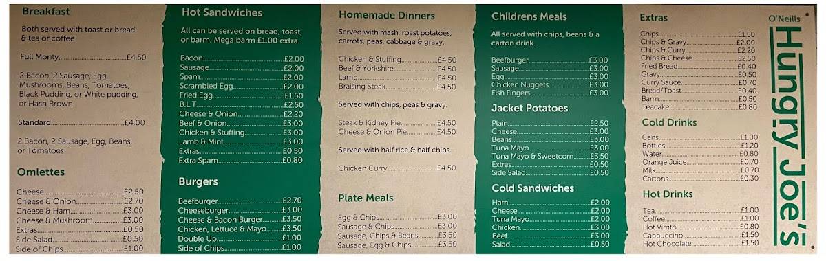 Menu at O’Neills Hungry Joe's cafe, Manchester