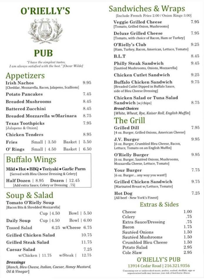 Menu at O’Rielly’s Pub & Grill, University Heights