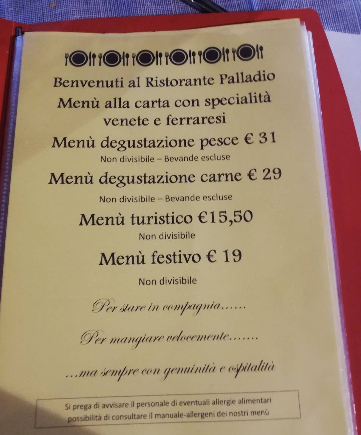 Menu da Ristorante Palladio, Occhiobello