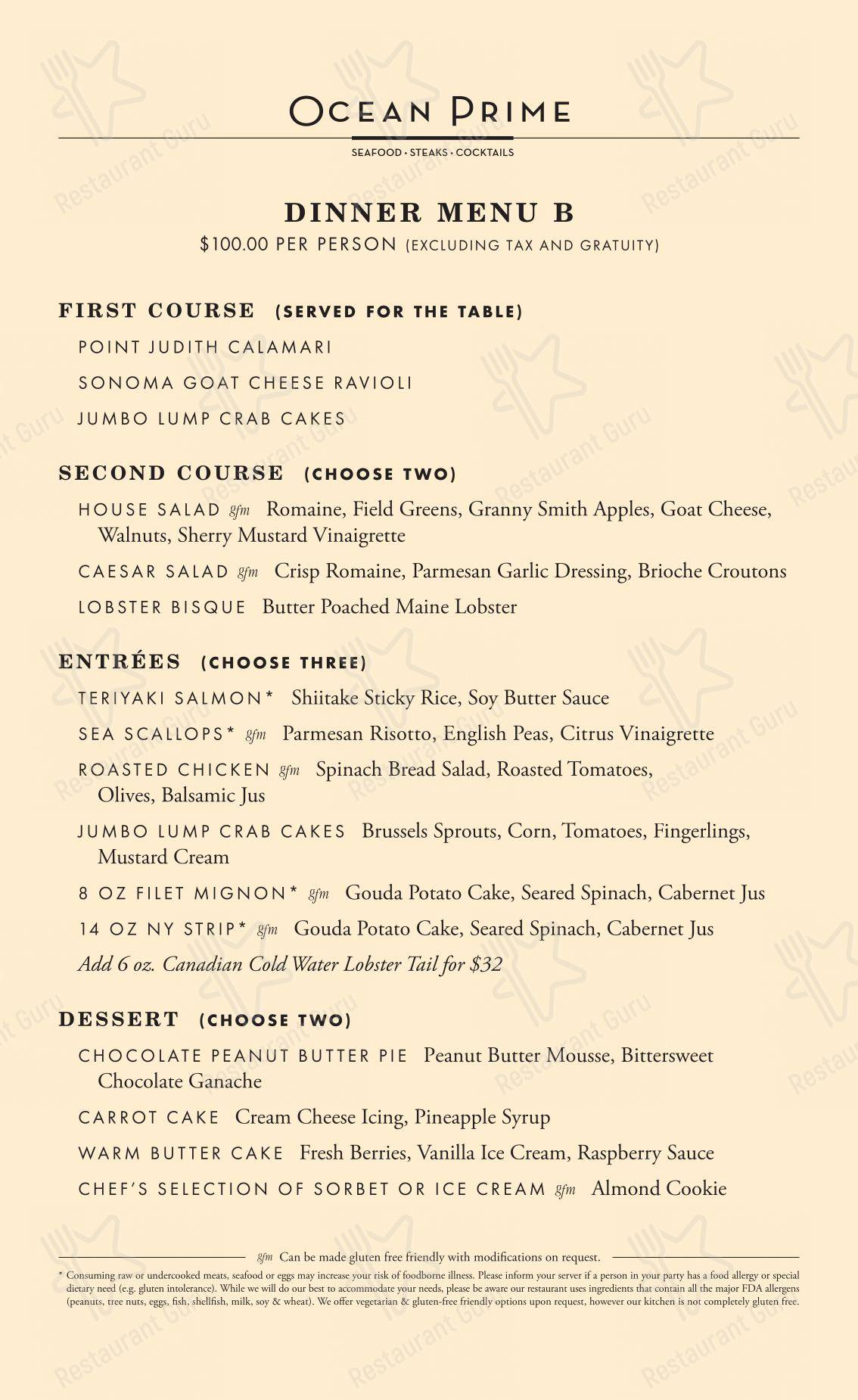 Menu at Ocean Prime steakhouse, Indianapolis, River Rd #100