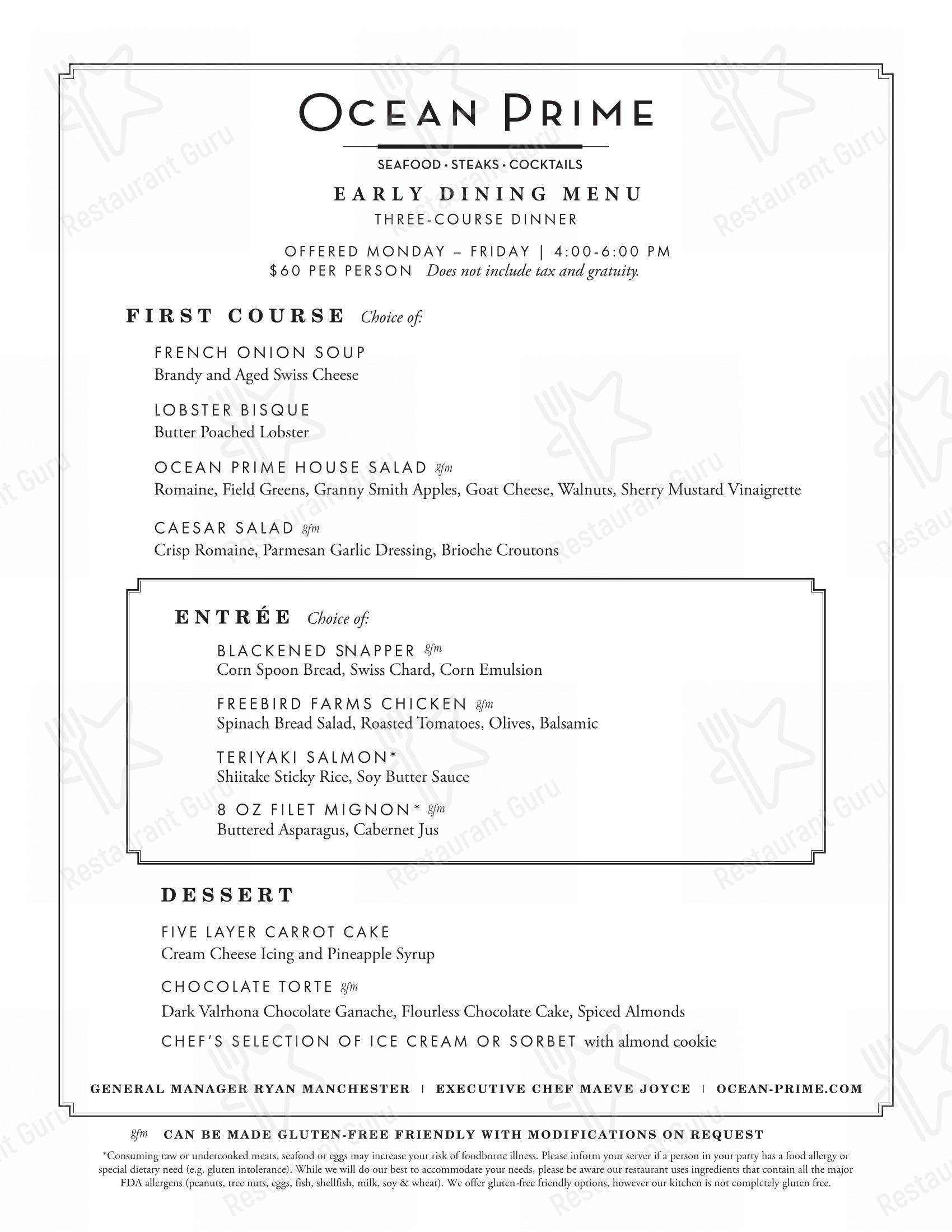 Menu at Ocean Prime steakhouse, Philadelphia