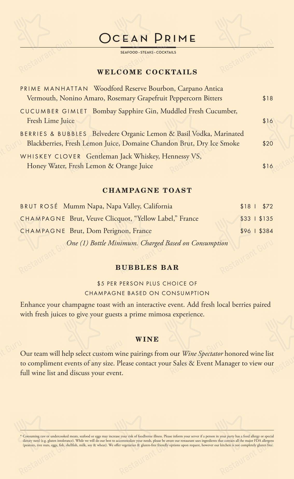 Menu at Ocean Prime steakhouse, Philadelphia