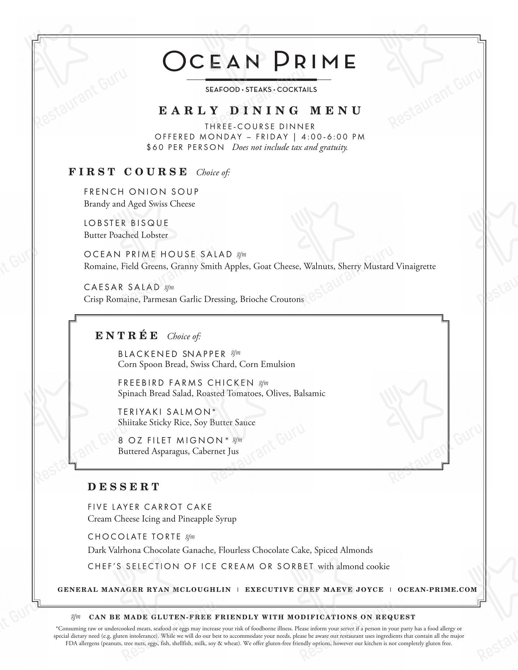 Menu at Ocean Prime steakhouse, Philadelphia