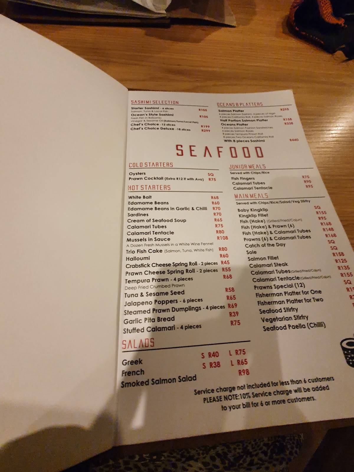 Menu at Oceans 8 Seafood & Sushi Somerset West restaurant, Cape Town