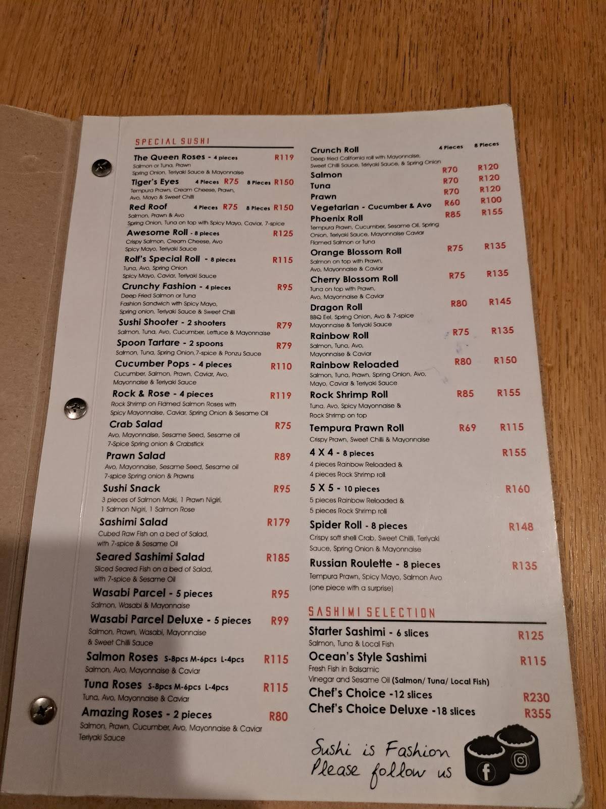 Menu at Oceans 8 Seafood & Sushi Somerset West restaurant, Cape Town