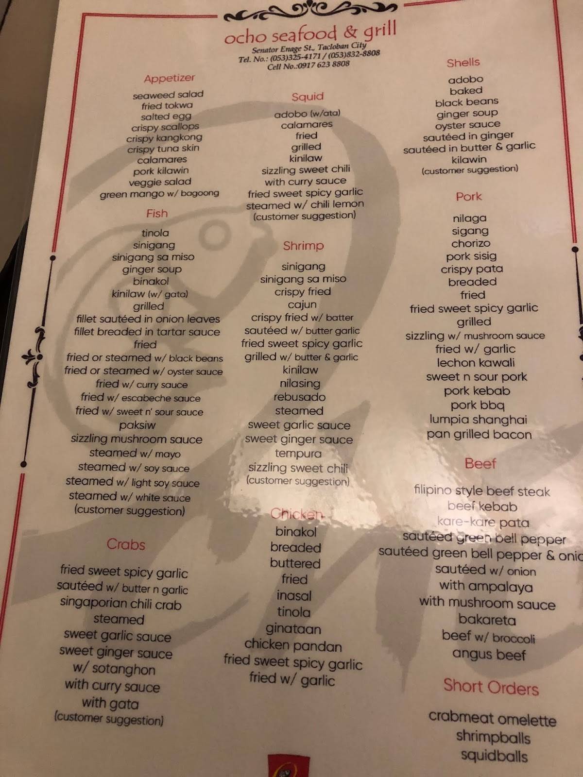 Menu at Ochó Seafood and Grill restaurant, Tacloban City