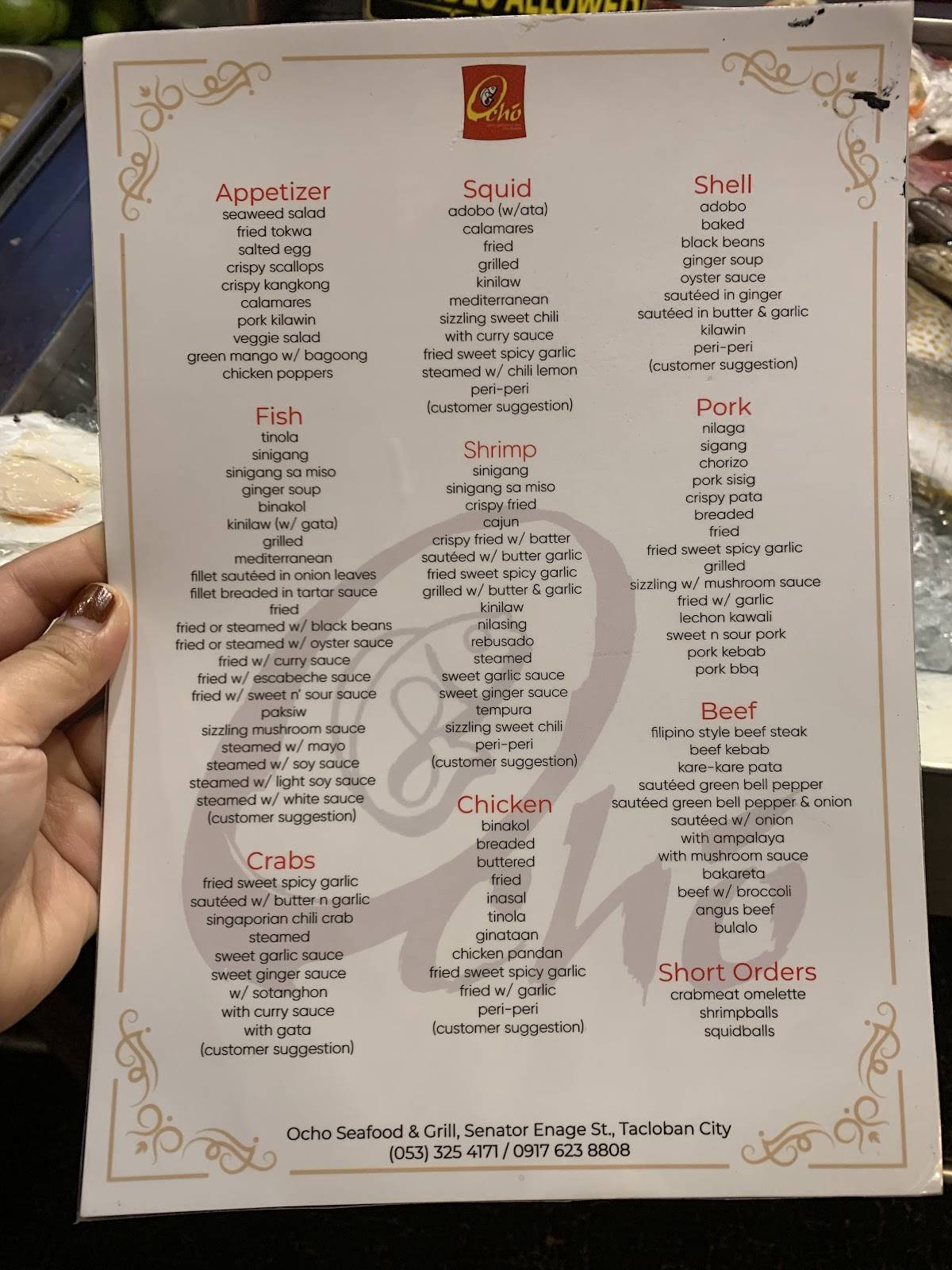 Menu at Ochó Seafood and Grill restaurant, Tacloban City
