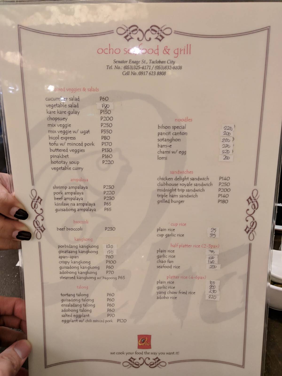 Menu at Ochó Seafood and Grill restaurant, Tacloban City