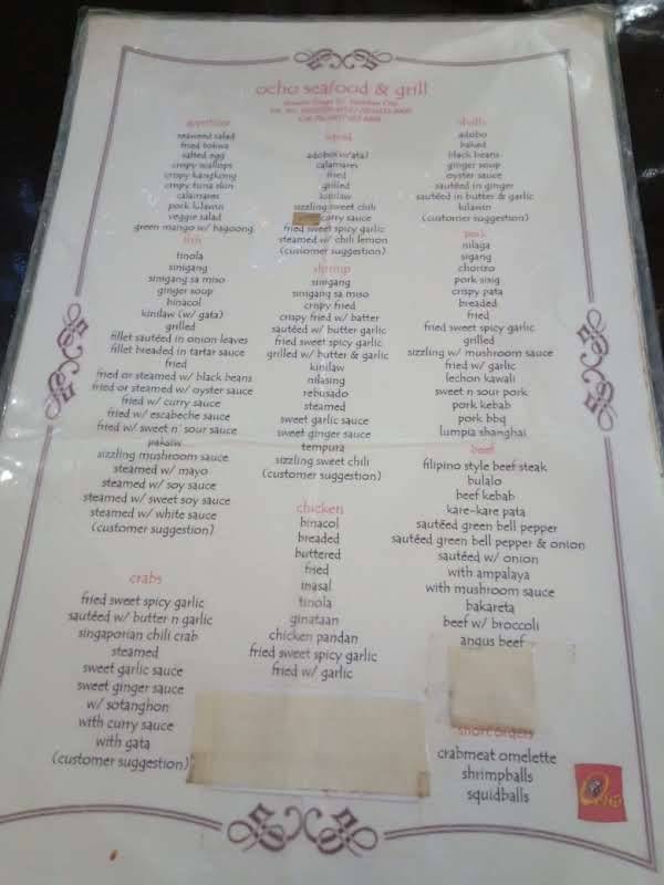 Menu at Ochó Seafood and Grill restaurant, Tacloban City