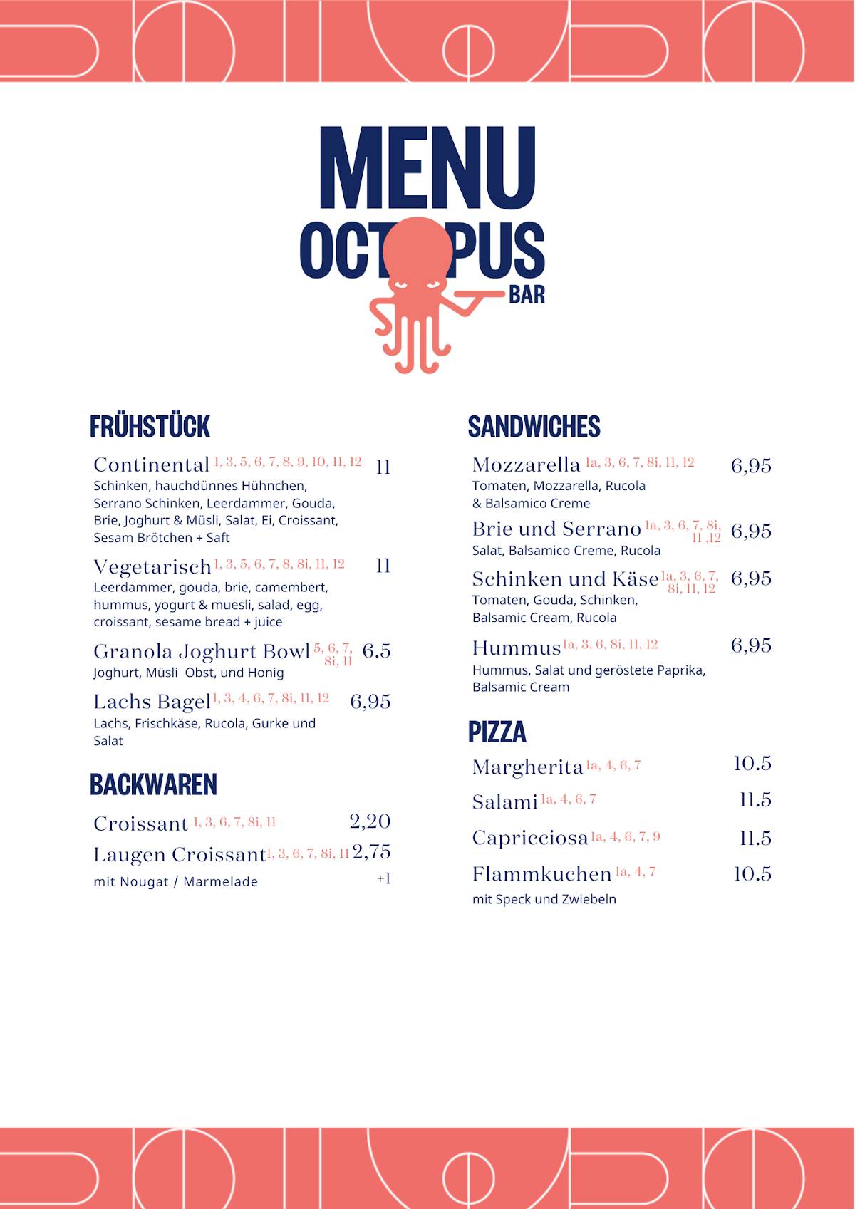 Menu at Octopus Bar & Café, Berlin