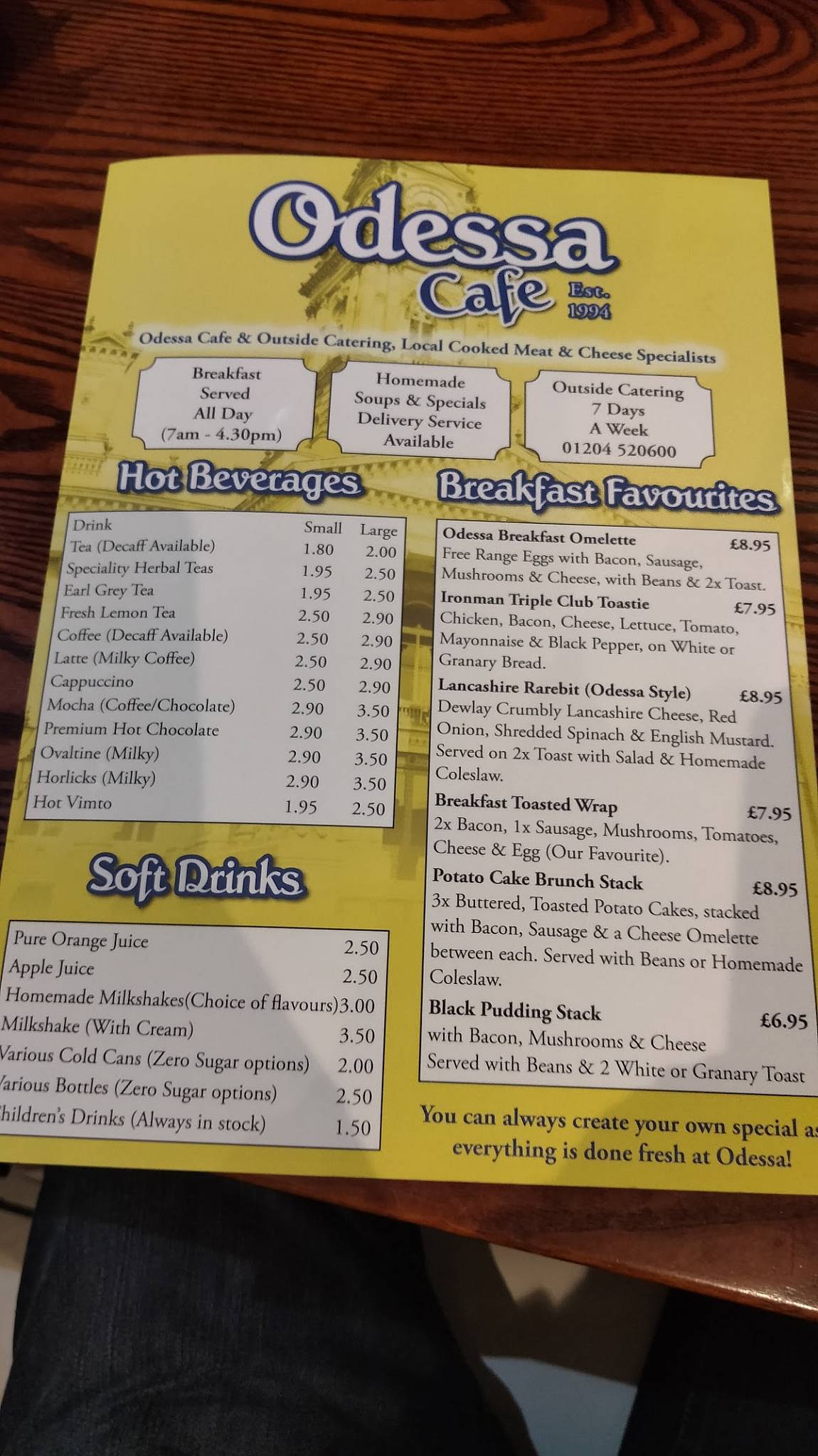Menu at Odessa cafe, Bolton