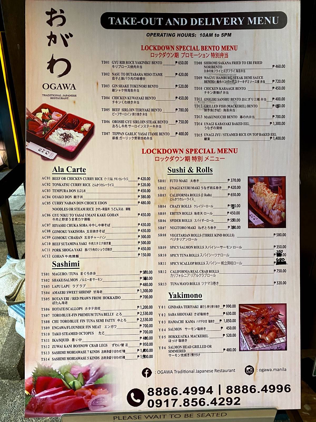 Menu at Ogawa restaurant, Taguig, The Fort Strip