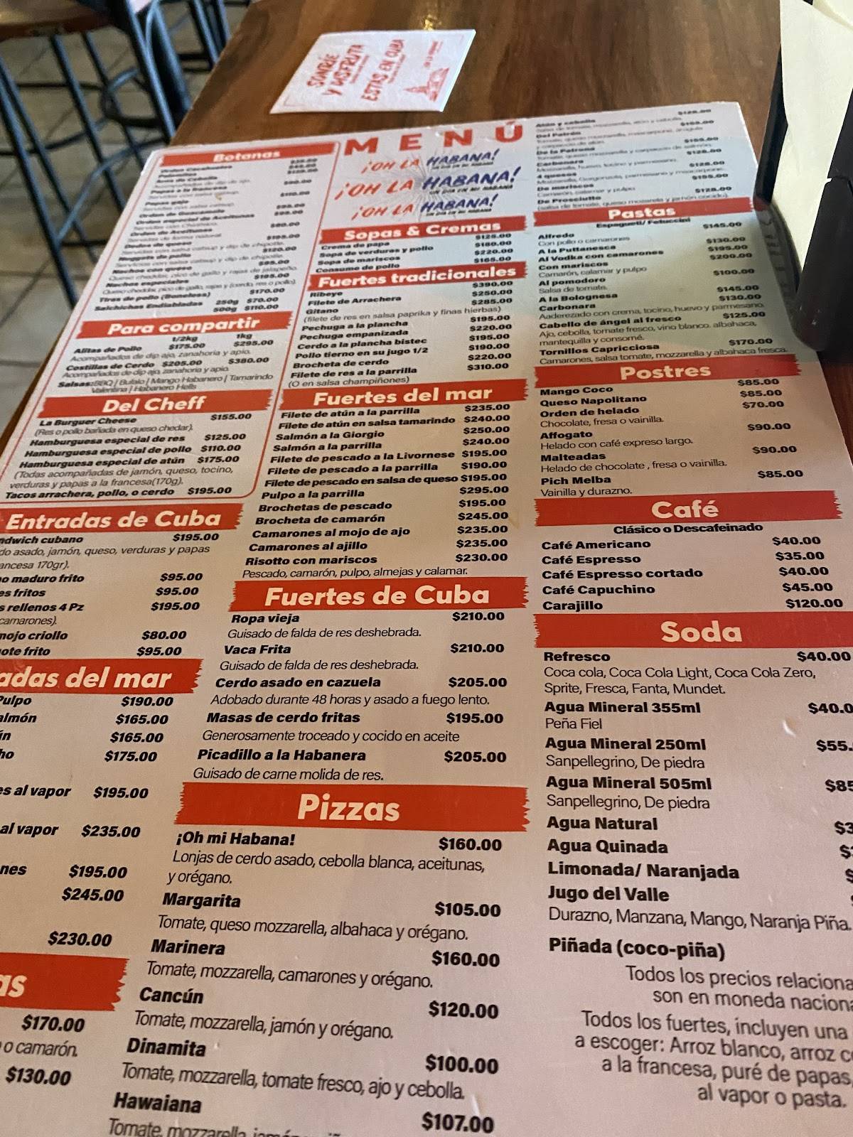 Carta del restaurante Oh La Habana, Playa del Carmen