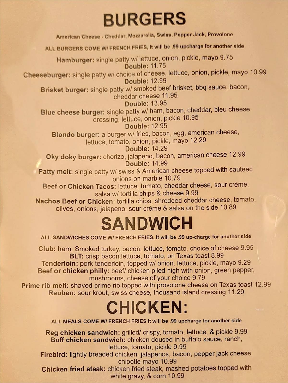 Menu at Okey Dokey Bar and Grill, Omaha