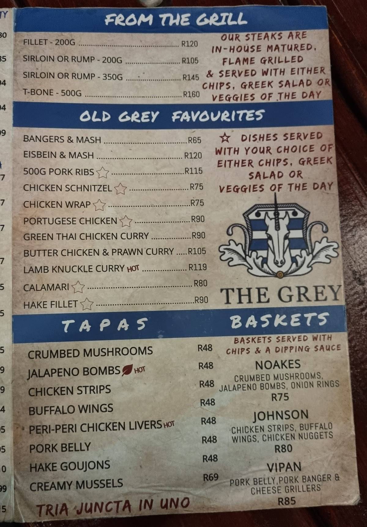 Menu at Old Grey Club, Port Elizabeth