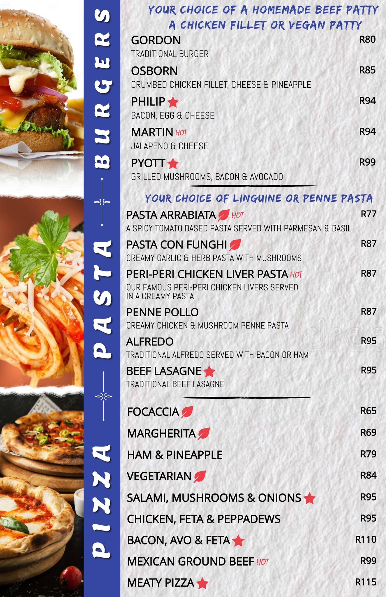 Menu at Old Grey Club, Port Elizabeth