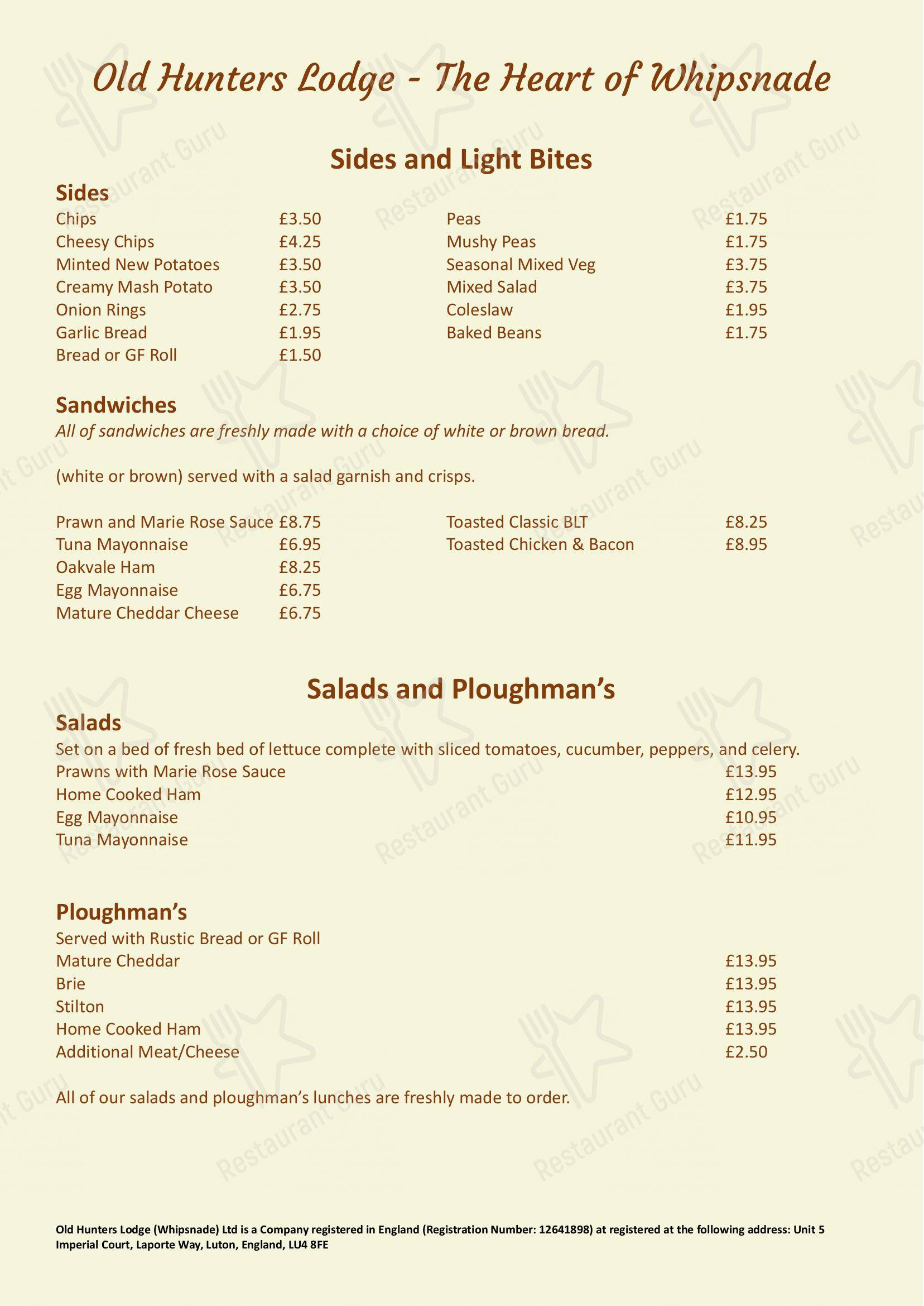 Menu at Old Hunters Lodge restaurant, Dunstable